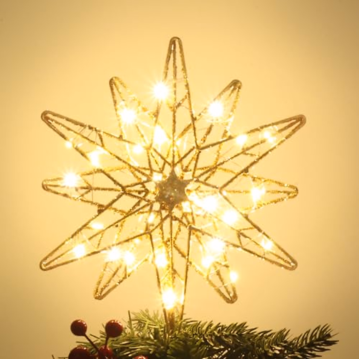 YEAHOME Christmas Tree Topper, Lighted Hollow 12-Point Star Tree Topper, Wire Star for Christmas Treetop with 30 LED Lights Xmas Tree Topper for Christmas Tree Ornament Decoration, Gold Glittered