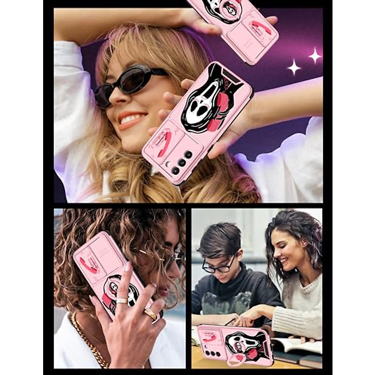 Goocrux (2in1 for Samsung Galaxy S21 Case Skull Skeleton Women Girls Cute Girly Phone Cover Gothic Design with Slide Camera Cover+Ring Cool Funny Cases for Samsung Galaxy S21 5G 6.2''