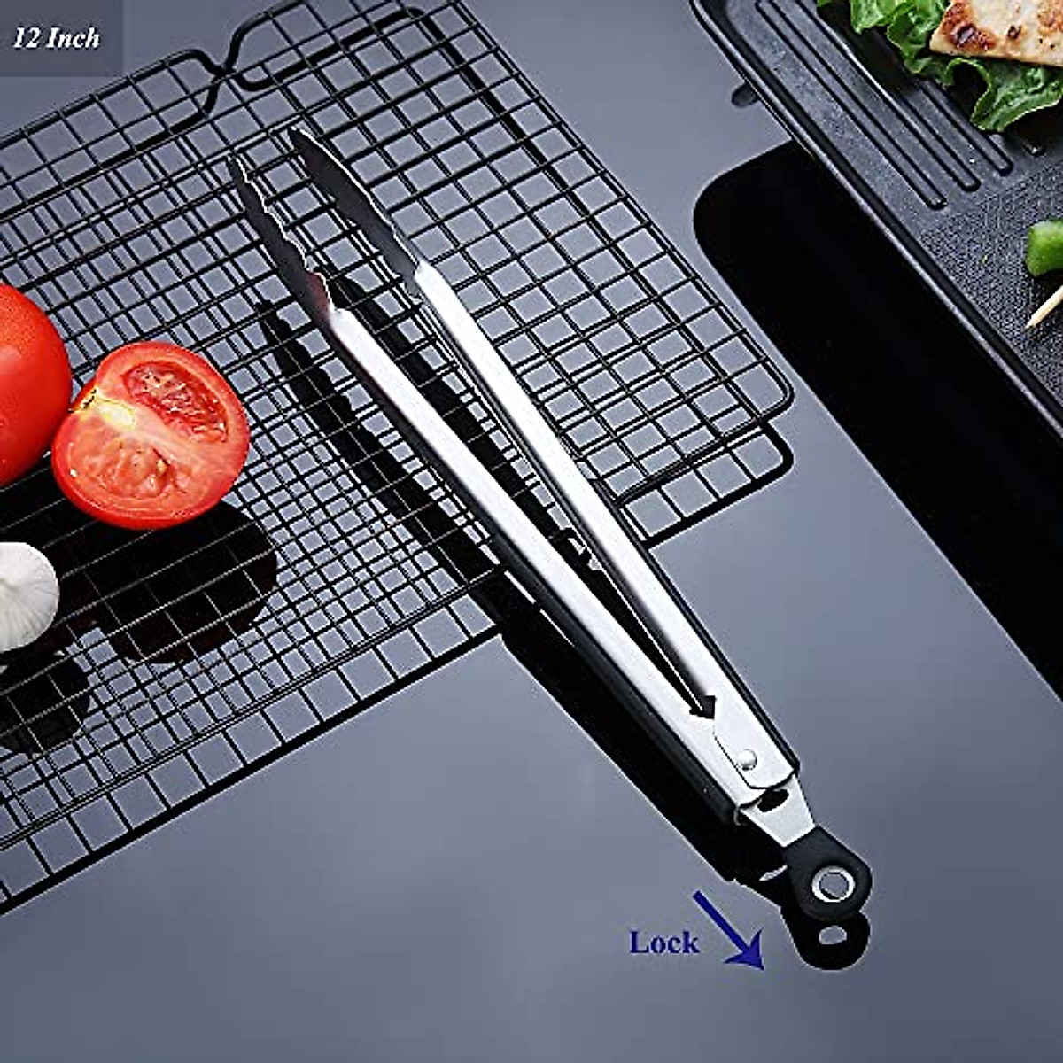 12 Inch Barbecue Tongs, Stainless Steel BBQ Tongs, Premium Grill Tongs for Cooking, Metal Tongs for Massive Meat, Locking Kitchen Tongs, Stylish Sturdy Cooking Tongs