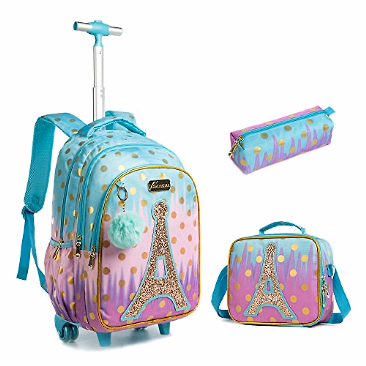 Jasminestar Rolling Backpack 18 inch Wheeled Kids Backpack with Insulated Lunch Bag and Pencil Case for Boys and Girls