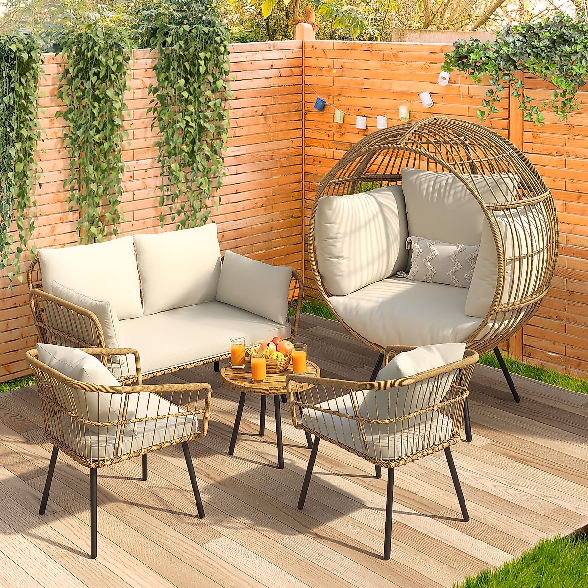 YITAHOME Oversized Egg Chair Wicker Outdoor Indoor Basket Lounger with 370lbs Capacity Large Round Egg Chairs with Stand Cushion for Patio, Balcony, Bedroom - Beige