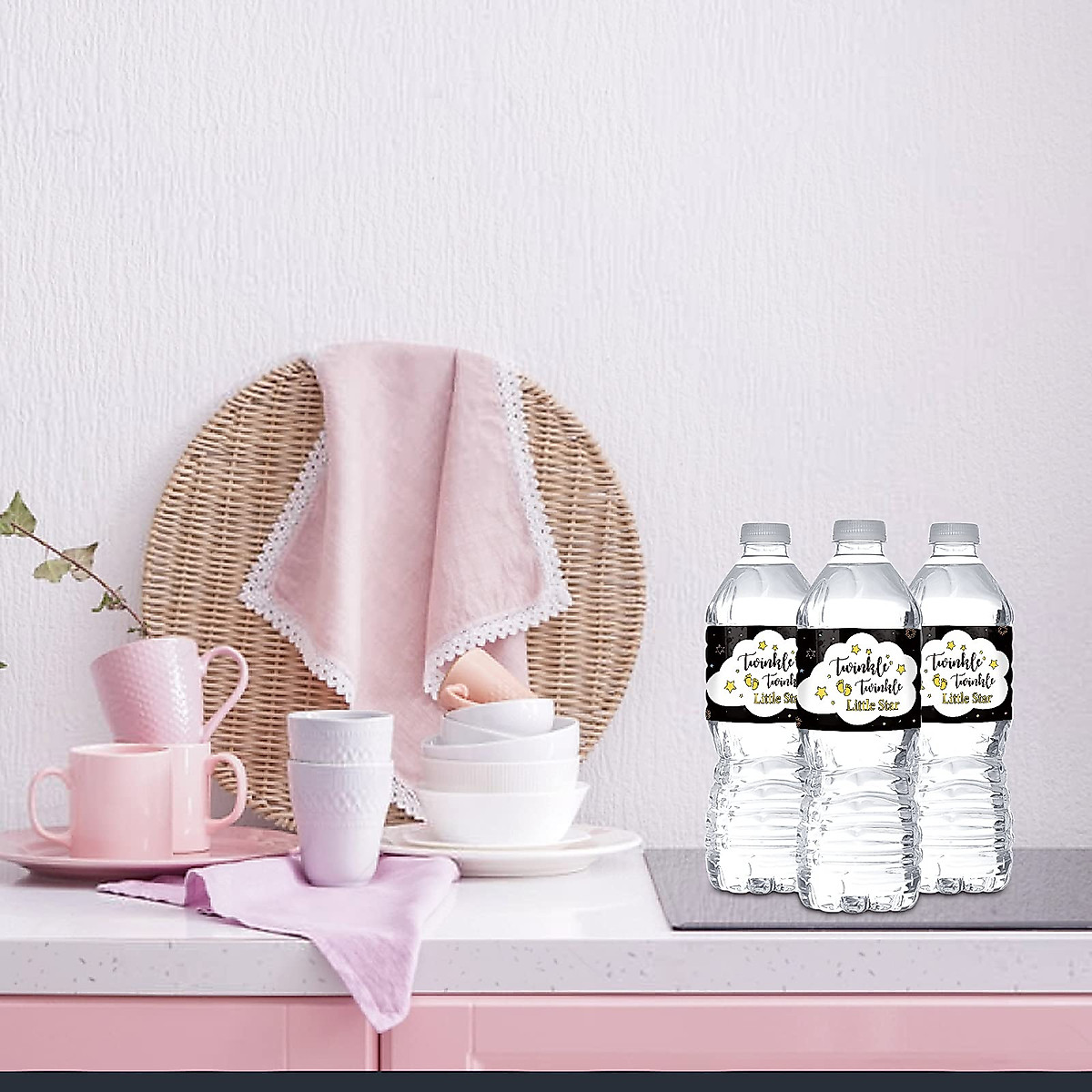 Black Gold Twinkle Twinkle Little Star Water Bottle Labels Stickers/Gender Reveal Bottle Wrappers/Welcome Baby/New Born Sign Baby Shower Party Water Labels Supplies (Set of 32)