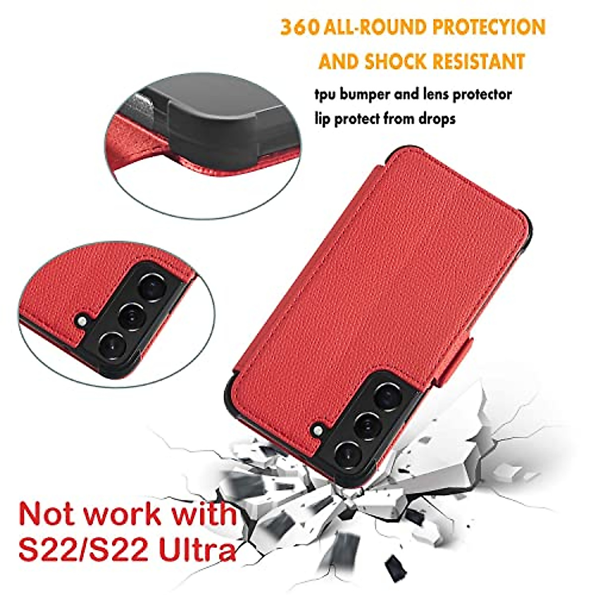 PYTWOPY Wallet Case for Galaxy S22+ Plus 5G [Credit Card Holder],[RFID Blocking],Shockproof Leather Flip Phone Case with Screen Protector Film Magnetic Clasp Kickstand Protective Cover,Red