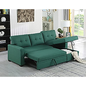 Devion Furniture L-Shape Linen Sleeper Sectional Sofa for Living Room, Home Furniture, Apartment, Dorm Sofabed, Green