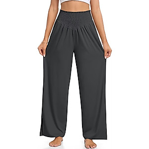UEU Women's Wide Leg Pants Elastic Casual High Waisted Travel Lounge Yoga Palazzo Pants with Pockets, Dark Gray, XL