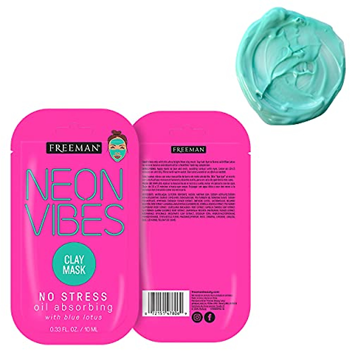 Freeman Beauty Everyday and Neon Vibes Facial Mask Variey Pack with Silicone Brush Applicators, Blue, Lavender, 17 Count