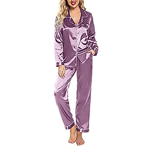 Senert Womens Silk Satin Pajamas Loungewear Two-piece Sleepwear Button-Down Pj Set Violet,X-Large