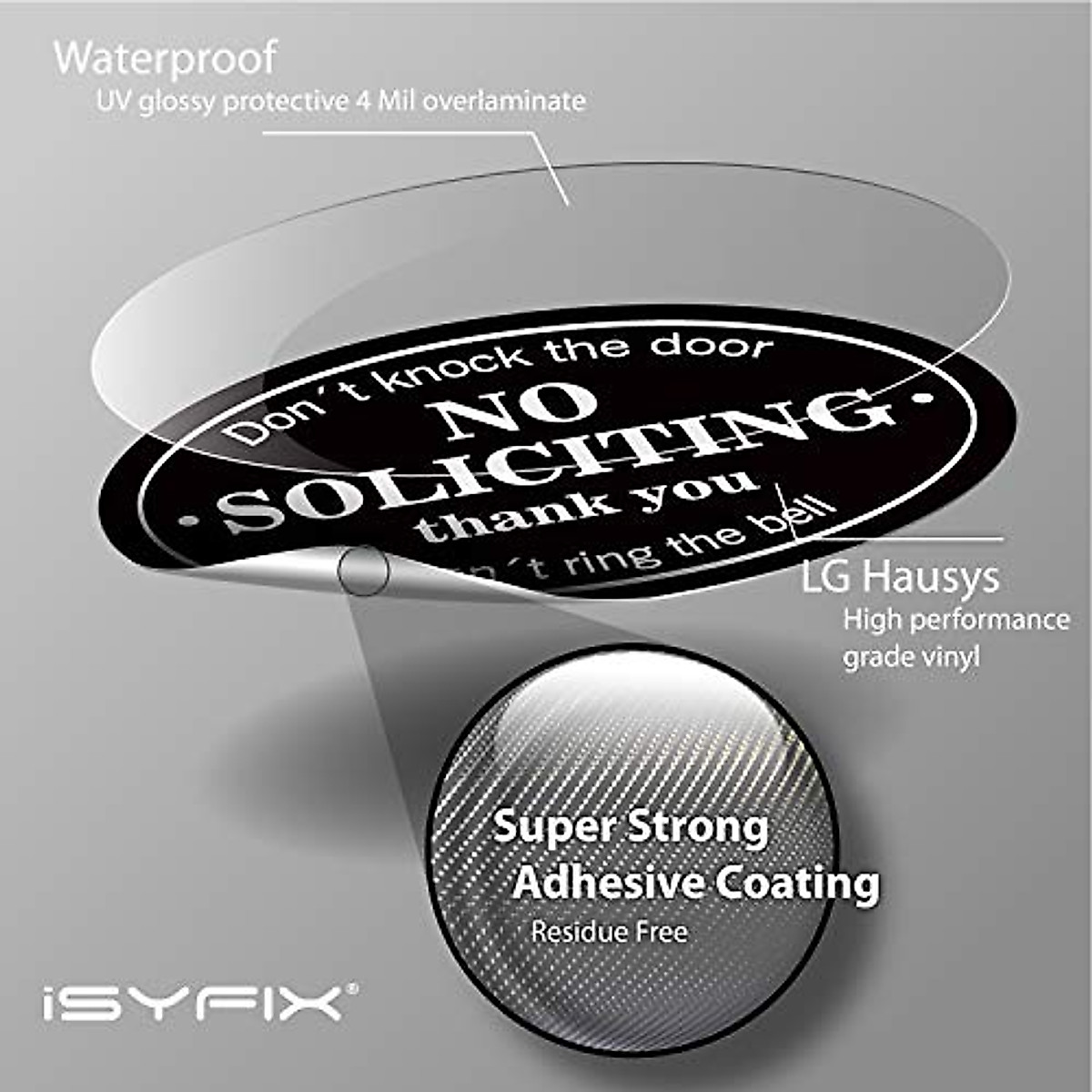 iSYFIX No Soliciting Sign Sticker for House, Home & Business - 4 Pack 7x4.6 inch - Premium Self-Adhesive Vinyl, Laminated for Ultimate UV, Weather, Scratch, Water and Fade Resistance, Indoor & Outdoor