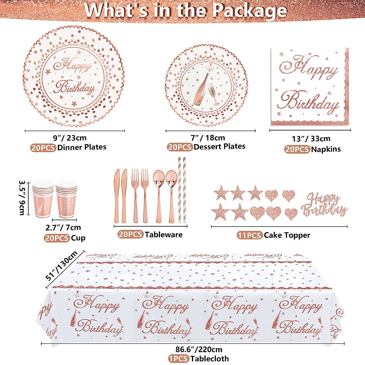 229 Pack Rose Gold & White Party Supplies Rose Gold Birthday Party Decorations Happy Birthday Dinnerware Set Rose Gold Paper Plates, Balloons, Tableclothes, Banner, Garland, Napkin, Cups Serves 20