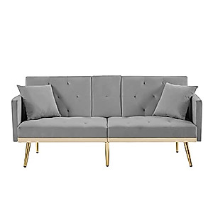HoRunzelin Soft Velvet Sleeper Sofa Bed with Cup Holder and 2 Pillows for Living Room,Luxury Loveseat Couch Can Put Down The Back,Grey