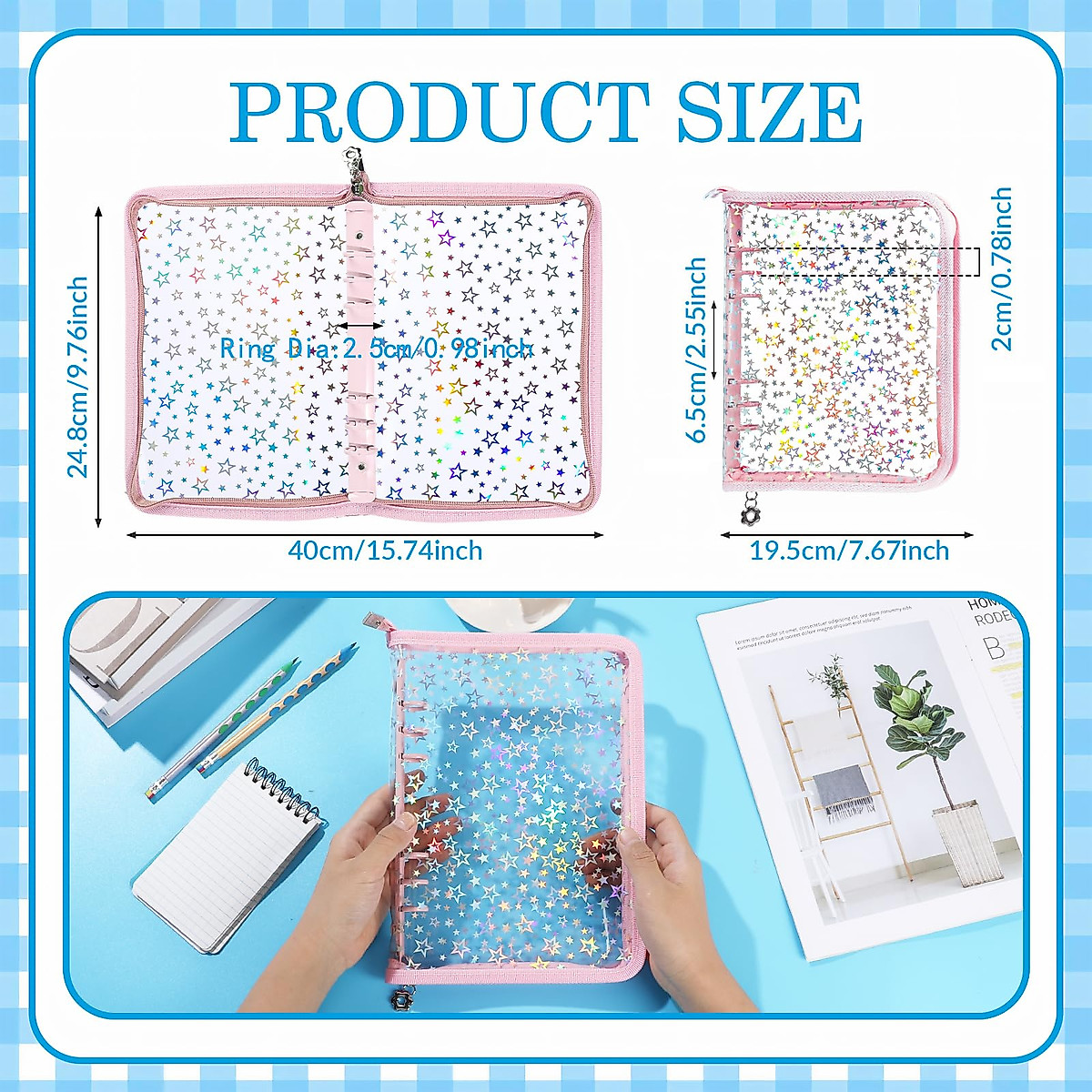 NEWEST A5 Budget Binder Cover with Zipper for Cash Budget System, Glitter Stars A5 6 Ring Binder Planner, Clear PVC Refillable Notebook Shell for Journal Albums Diary School Office Supplies, Purple