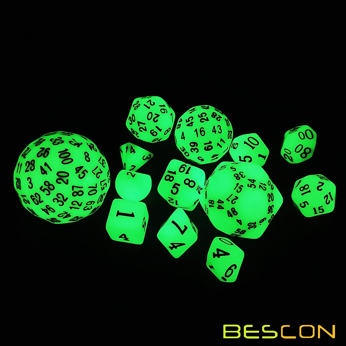 Bescon Super Glowing in Dark Complete Polyhedral RPG Dice Set 13pcs D3-D100