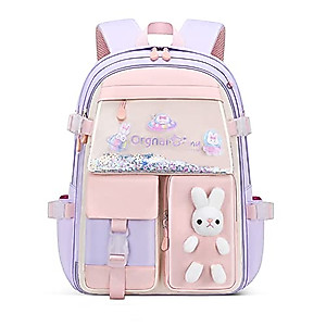 MOONASE Kawaii Bunny Backpack For Girls Bookbag Cute School Bag With Kawaii Pin Bunny Backpack (Purple, Large)