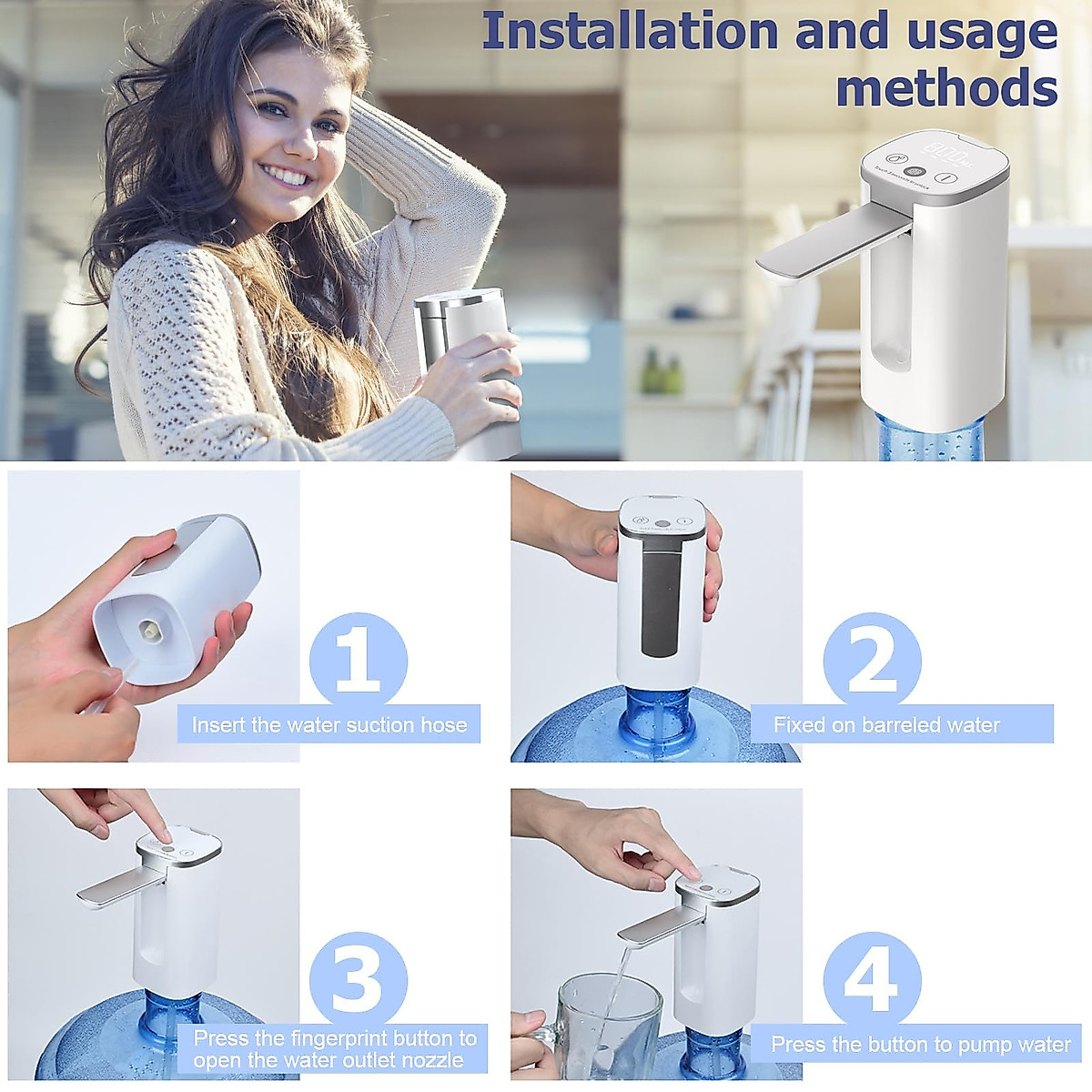 FEERNICH Water Dispenser for 5 Gallon Bottle，Universal Automatic Portable Water Bottle Pump Foldable Electric Drinking Water Pump 1200mAh USB Charging Suitable to Home Office Camp Travel （White）