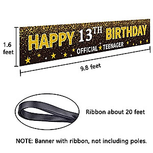 Ushinemi Happy 13th Birthday Banner, Official Teenager Banner, 13 Year Old Birthday Party Decorations Supplies Sign Backdrop, Black, 9.8x1.6Ft