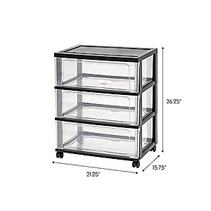 IRIS USA Plastic 3 Drawer Wide Storage Drawer Cart with 4 Caster Wheels for Home, Closet, Bedroom, Bathroom, Office, Laundry, Kitchen, Craft Room, Nursery and School Dorm, Black, Set of 1