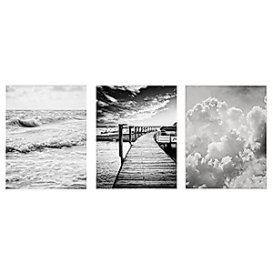 LISA RUSSO FINE ART Black and White Wall Art Set of 3 5x7” Prints, Unframed, Black and White Minimalist Ocean, Clouds, Nautical Pictures for Office, Bedroom, Bathroom Walls