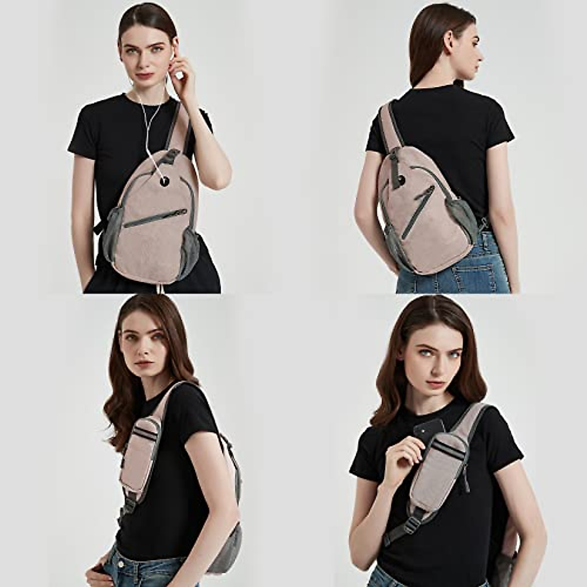 Fancosni Sling Bags for Women Men, Crossbody Sling Backpack, Chest Bag Lightweight Shoulder Bag, Multipurpose Sling Bag for Travel, Hiking, Shopping, Walking, Biking, Cycling, Earphone Hole, Beige