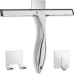 All-Purpose Stainless Steel Shower Squeegee for Shower Doors with 2 Adhesive Hooks, Bathroom Cleaner Tool Household Window Mirror Squeegee for Home Cleaning, Glass Door, Tile Wall, Car, 10 Inch Silver