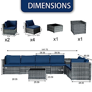 Pierybyt 8-Piece PE Rattan Wicker Outdoor Sectional Sofa Set, Modular Patio Furniture with Thickened Cushions, Hidden Storage & Conversation Patio Set with Glass Top Coffee Table (Gray-Blue)