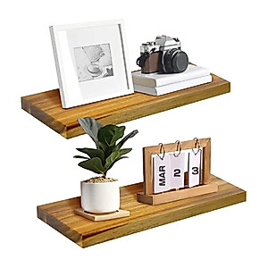 ILOT Teak Wood Floating Shelves Perfect for Bathroom Décor Pack of 2 Wooden Wall Shelves for Bedroom Living Room Kitchen Simple Minimalist Home Décor 17” x 6.7