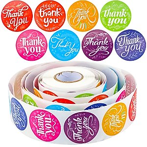 Qpout Thank You Stickers 1.5 inch, Colorful Thank You Stickers, 500 Pieces Thank You Stickers Small Business, Thank You Stickers for Packaging, Red Green Blue Orange Purple Thank You Sticker, 1 Roll