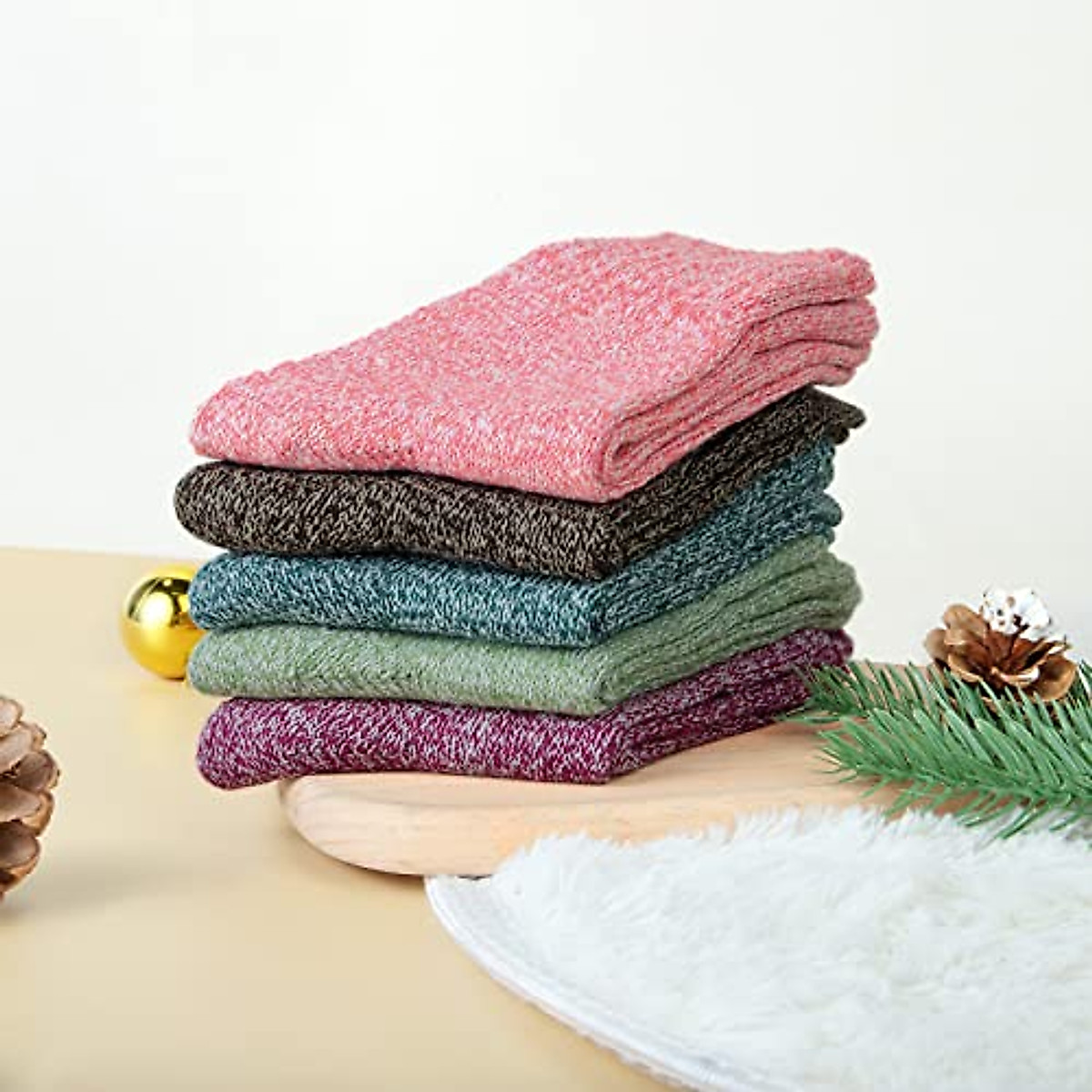5 Pairs Wool Socks for Women Gifts Winter Warm Thick Knit Cabin Cozy Crew Socks Multi G