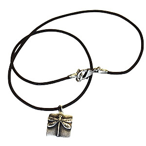 Elaine Coyne Collectible Artwear Antique Silver Brass Classic Dragonfly Pendant on Black Rawhide