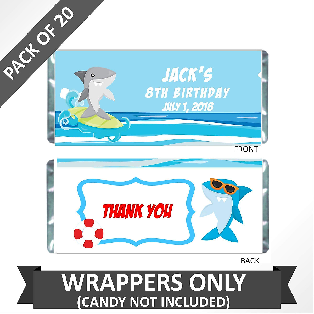 Shark Party Favors for Kids, Personalized Candy Wrappers, Pack of 20 Custom Chocolate Bar Labels