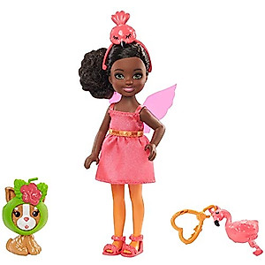 Barbie Club Chelsea Dress-Up Doll, 6-in Brunette in Flamingo Costume, with Pet Kitten and Accessories, Gift for 3 to 7 Year Olds