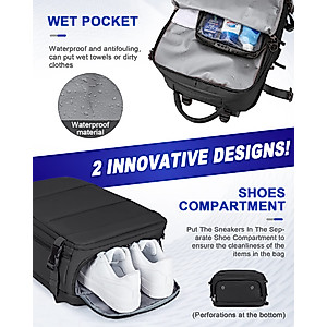 UPPACK Black Travel Backpack For Women Men Carry On Backpack Flight Approved Gym Bag With Shoe Compartment Hiking Waterproof Laptop Backpack College Essentials