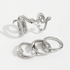 Zeshimb Snake Rings Set Open Serpent Stacking Rings Gothic Animal Band Rings Vintage Silver Adjustable Knuckle Ring Set Jewelry for Women Girls (5 Pcs)