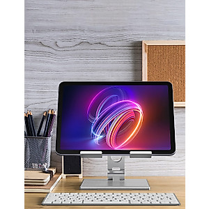 ALASHI Tablet Stand for Desk, Stable Holder with Heavy and Thickened Metal Base for Large Tablet Device, Multi-Angles Adjustable and Foldable, Universal Supports 4-13.3 Inches Tablet, Silver