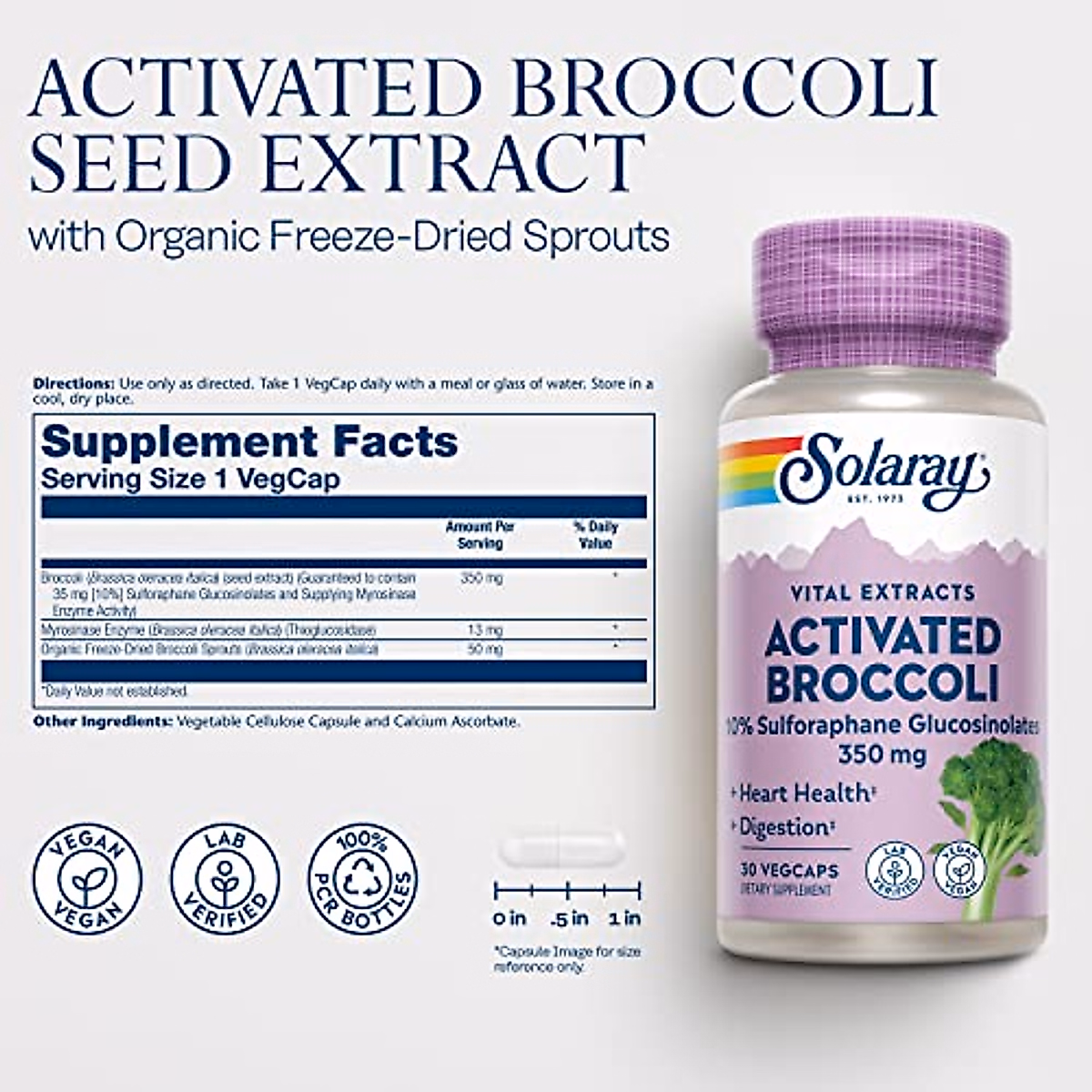 Solaray Activated Broccoli Seed Extract 350 mg, 10% Sulforaphane Glucosinolates for Antioxidant Support, Heart Health and Digestive Support, Vegan and Lab Verified, 30 Servings, 30 VegCaps