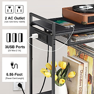 SEHERTIWY Record Player Stand with Vinyl Storage, Black Turntable Stand with Charging Station, Record Player Holder with Detachable Wheels