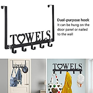 WeeksEight Over The Door Towel Rack, Metal Bath Towel Holder Hanger for Bathroom Bedroom Door Hanging Towels Bathrobe Robe, Towel Hooks for Bathrooms (5 Towel Hooks, Black)