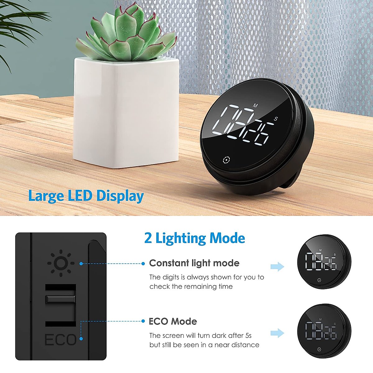 AMIR Digital Kitchen Timer, Timer for Kids, Digital Timer Battery Powered with Large LED Display, Adjustable Volume, Magnetic Timer for Cooking, Studying, Office, Black (Battery not Included)