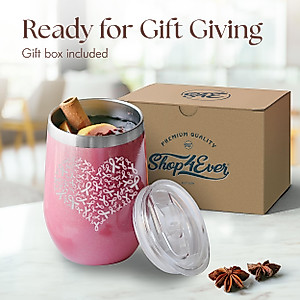 shop4ever Breast Cancer Awareness Pink Ribbon Heart Engraved Insulated Stainless Steel Wine Tumbler with Lid 12 oz. Gift for Her (Sparkly Pink)