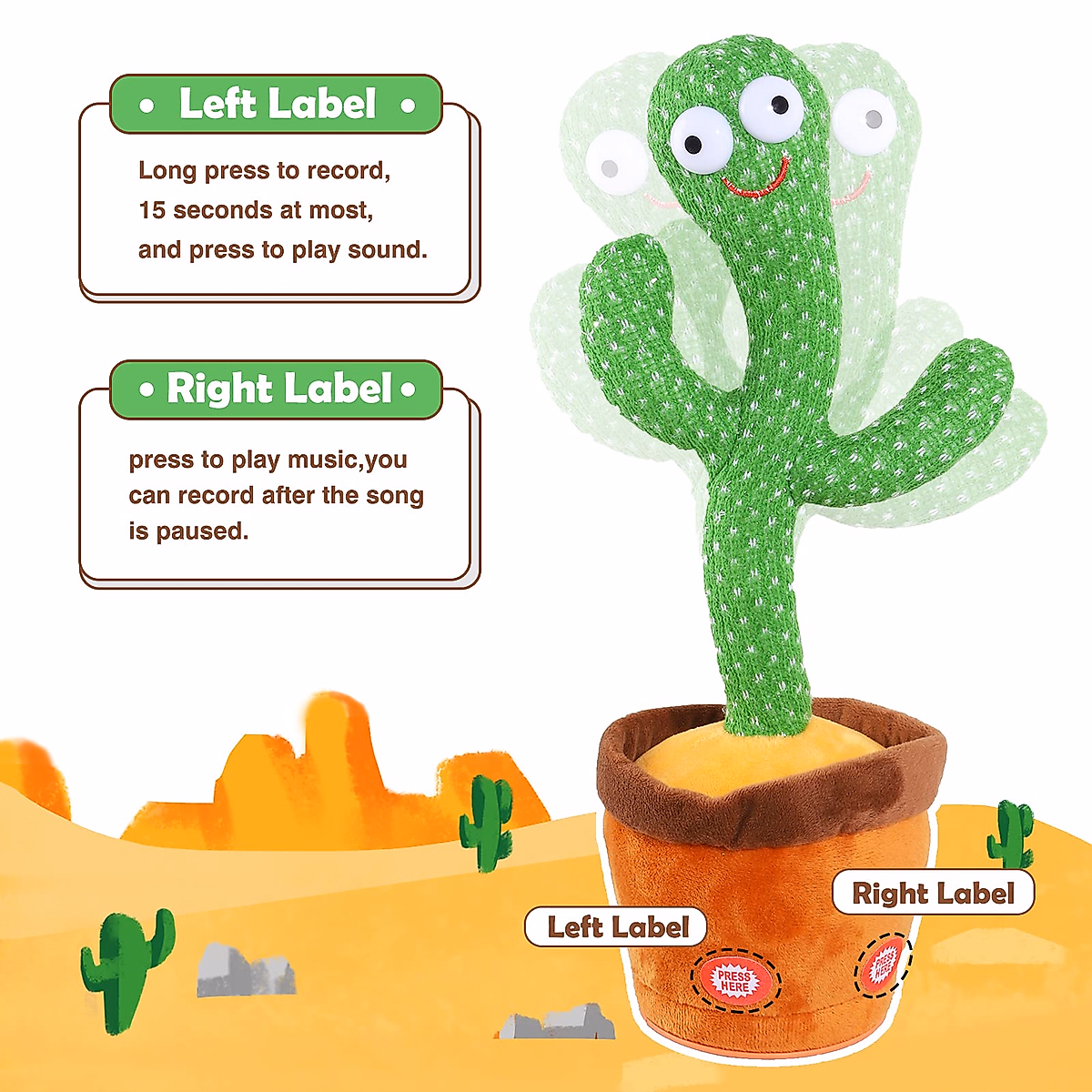 Kids Dancing Talking Cactus Toys for Baby Boys and Girls, Singing Mimicking Recording Repeating What You Say Sunny Cactus Electronic Light Up Plush Toy with 120 English Songs Smart Toy