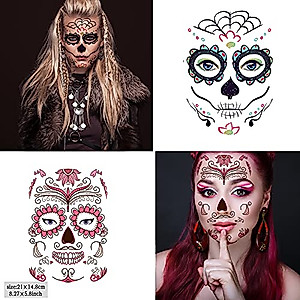 12 Sheets Halloween Face Tattoos Day of the Dead Face Sugar Skull Tattoos, Including 6 Large Sheets Halloween Sugar Skull Temporary Face Tattoos