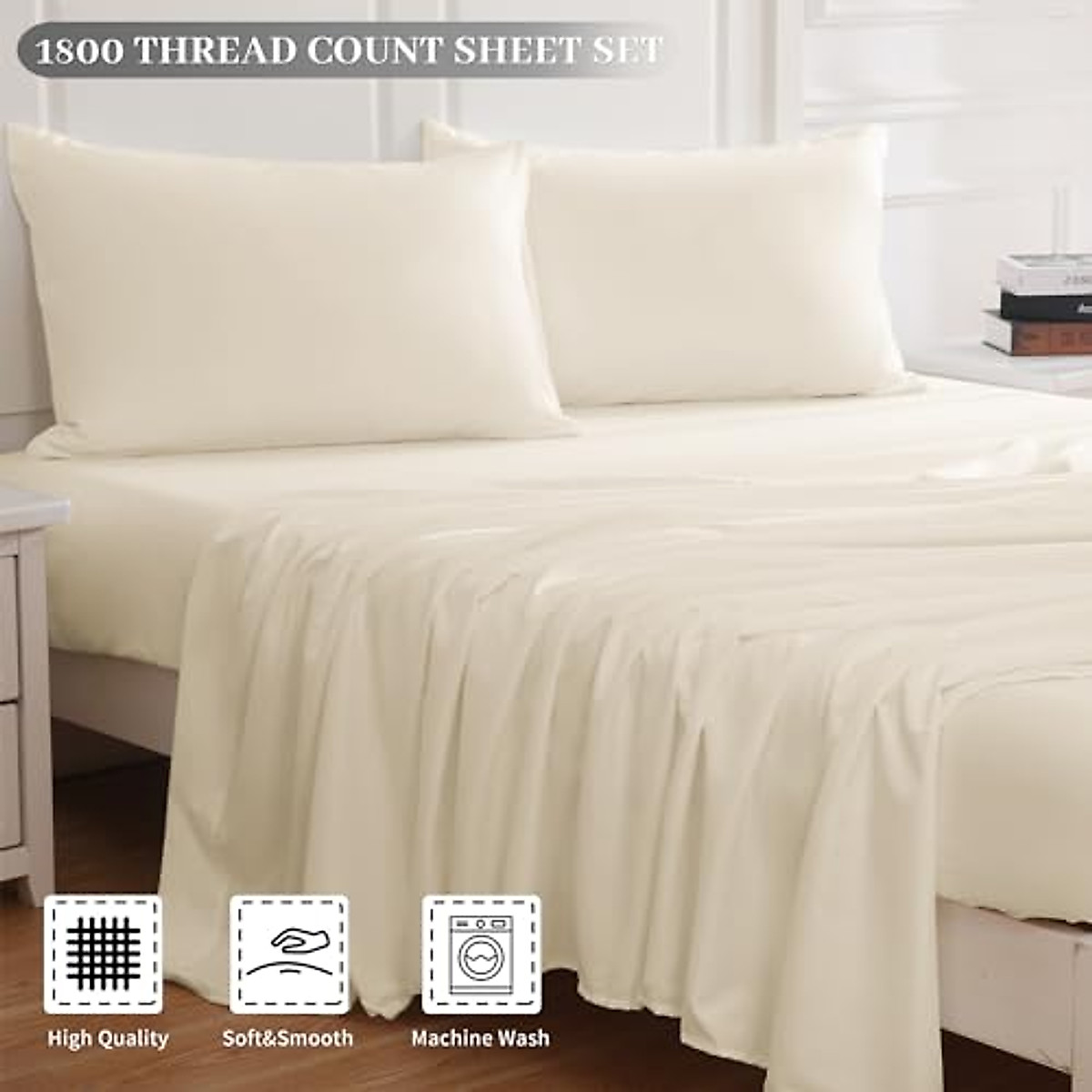 Bedlifes Queen Sheet Set- Ultra Soft Sheets-Luxury-Breathable-16 Deep Pocket- 1800 Thread Count Percale Egyptian Microfiber Bed Sheets Wrinkle, Fade and Stain Resistant Queen Size Cream 4 Pieces
