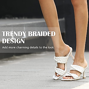 WSKEISP Women's Braided Heels Sandals Square Stiletto Mules Slip On Open Toe Backless Heeled Slippers Fashion Sexy Dress Wedding High Heel Slides