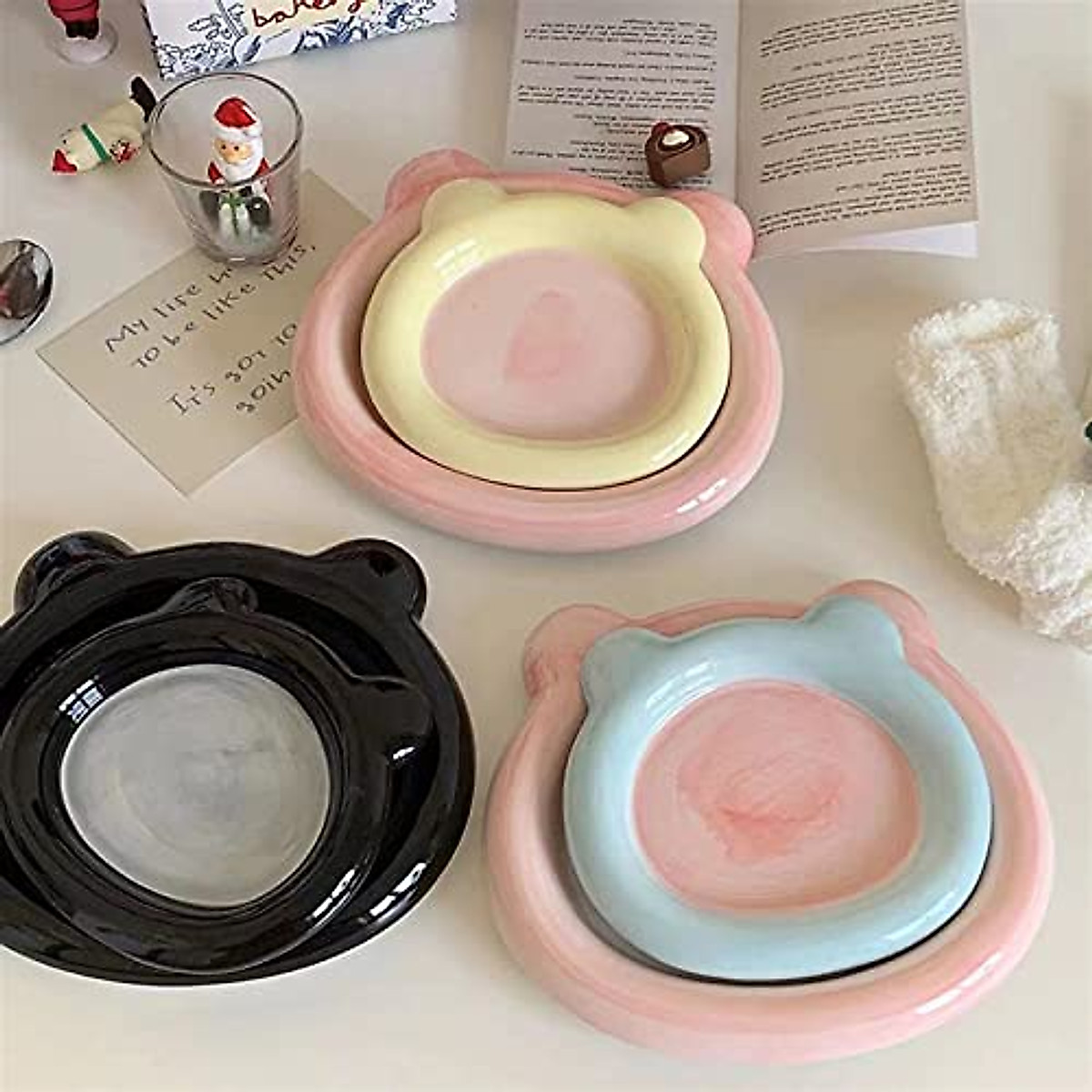 FUUIE Bowls for Food and Water Pet cat Bowl Cute pet Drinking Water Feeding Bowl Ceramic cat Food Dog Food Tableware cat and Dog pet Supplies Accessories (Color : Blue Pink Bear)