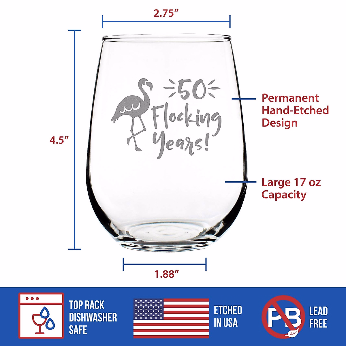 40 Flocking Years - Funny Flamingo Stemless Wine Glass Gift for 40th Birthday, Anniversary or Reunion - Large