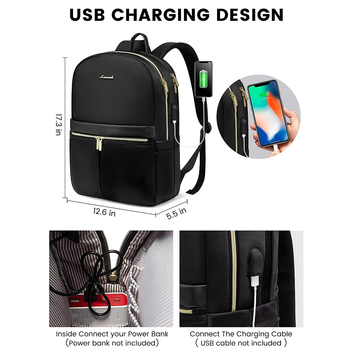 LOVEVOOK Travel Laptop Backpack Women, 15.6 Inch Anti-Theft Water Resistant Computer Back Pack, College Work Teacher Nurse Bag with USB Charging Port, Large Capacity, Black