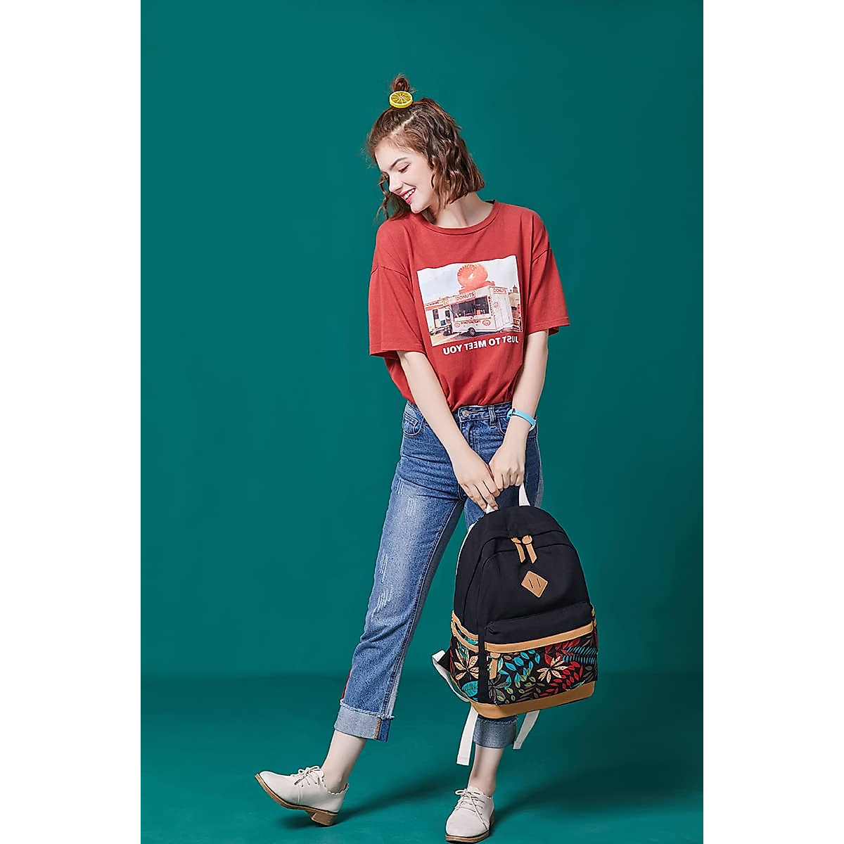 LuckyZ Women Casual Backpack Lightweight School Bookbag Canvas Leather Daykpack Cute Printng Travel Shoulder Rucksacck Leaf Black Medium