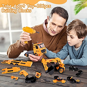 106 PCS Take Apart Trailer Truck & Excavator Toy Set with Electric Drill for 3-7 Year Old Boys and Girls - Friction Power Building Toy Truck Gift for Kids