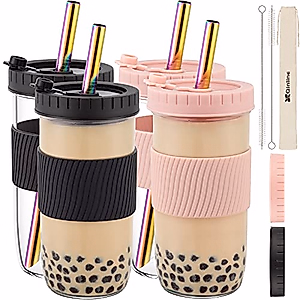 Reusable Boba Cup Glass Bubble Tea Cup 4 Pack, 24Oz Wide Mouth Smoothie Cups with Lids Straw & Silicone Sleeve, Leakproof Mason Jar Drinking Water Bottle Travel Tumbler for Large Pearl Valentine Gifts