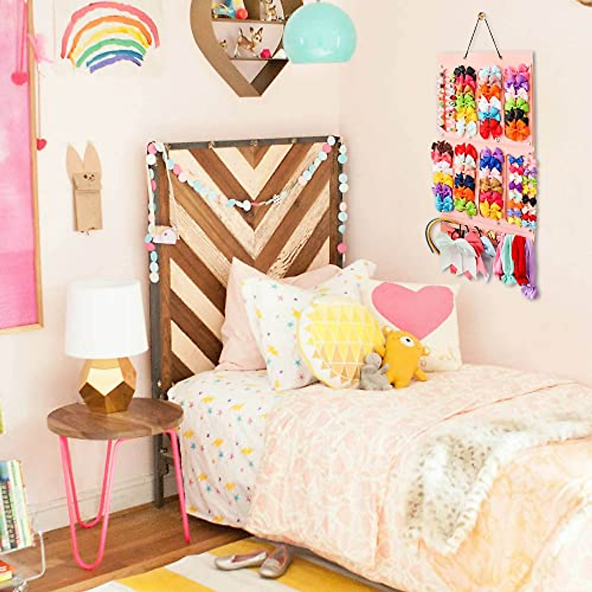 OWIIZI Bow Holder for Girls Hair bows Hair Clips Headband Storage Hanger Hair Bows Organizer 16 Ribbons Baby Hair Accessory Storage Display Organizer for Girls Room