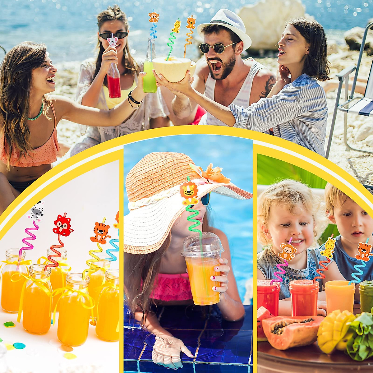 24 Pieces Jungle Animal Plastic Straws Reusable Drinking Straws Jungle Safari Straws Woodland Party Favor Kids Cute Straws with 2 Cleaning Brushes for Baby Shower Birthday Party Supplies, 8 Styles